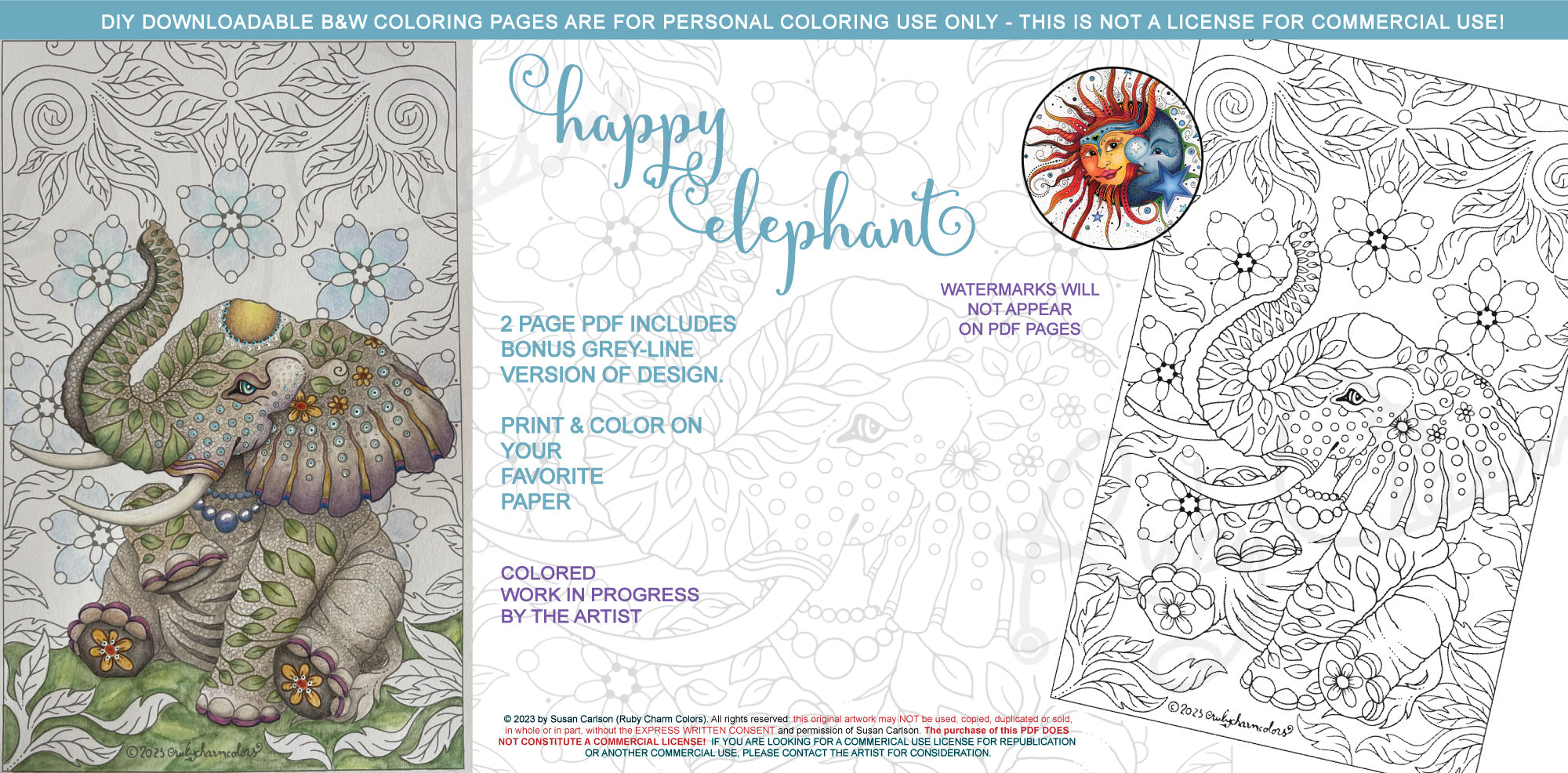 Happy Elephant: downloadable printable 2-page PDF for coloring ...