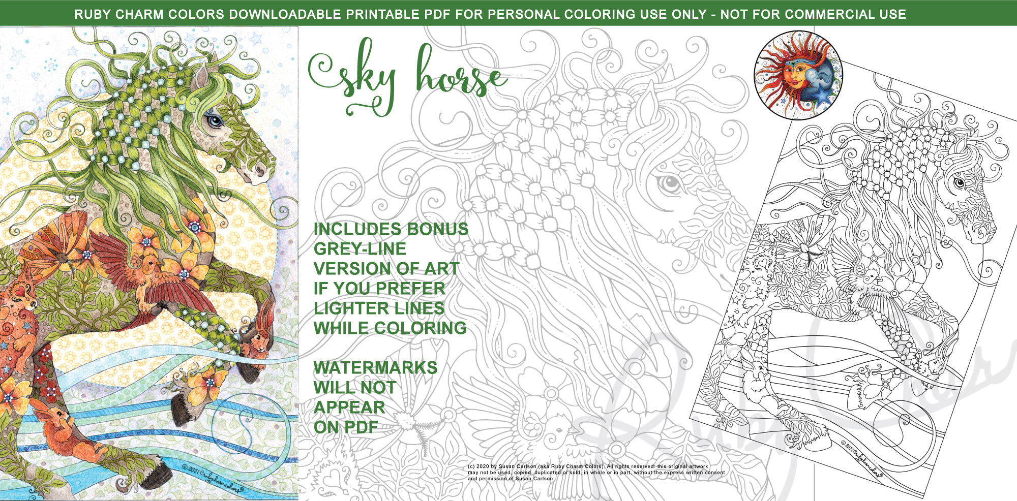 Sky Horse: downloadable printable 2-page PDF for coloring – RubyCharmColors