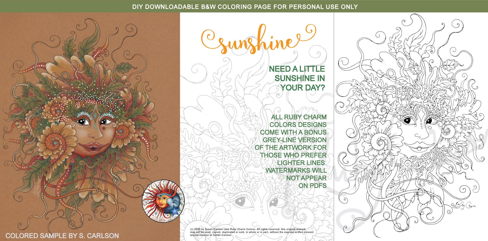 Sunshine: downloadable printable 2-page PDF for coloring – RubyCharmColors
