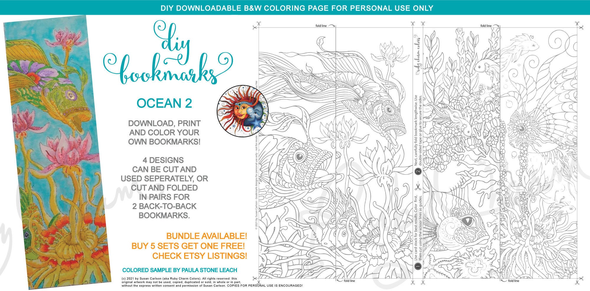 DIY Bookmarks - Ocean 2: downloadable printable 1-page PDF for colorin ...